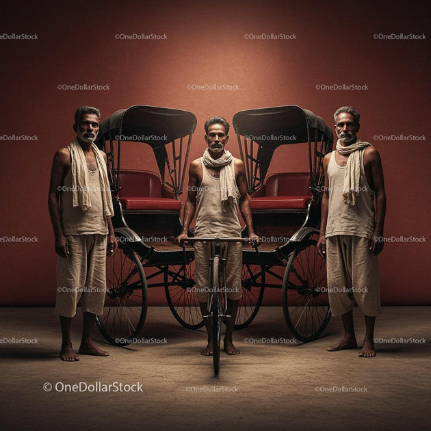 Traditional Rickshaw with Three Men in Cultural Attire – One Dollar Stock