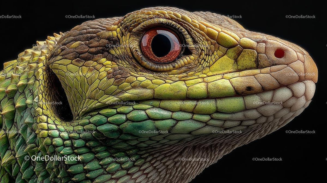 Close-Up of Green and Brown Lizard with Scaly Skin Texture – OneDollarStock